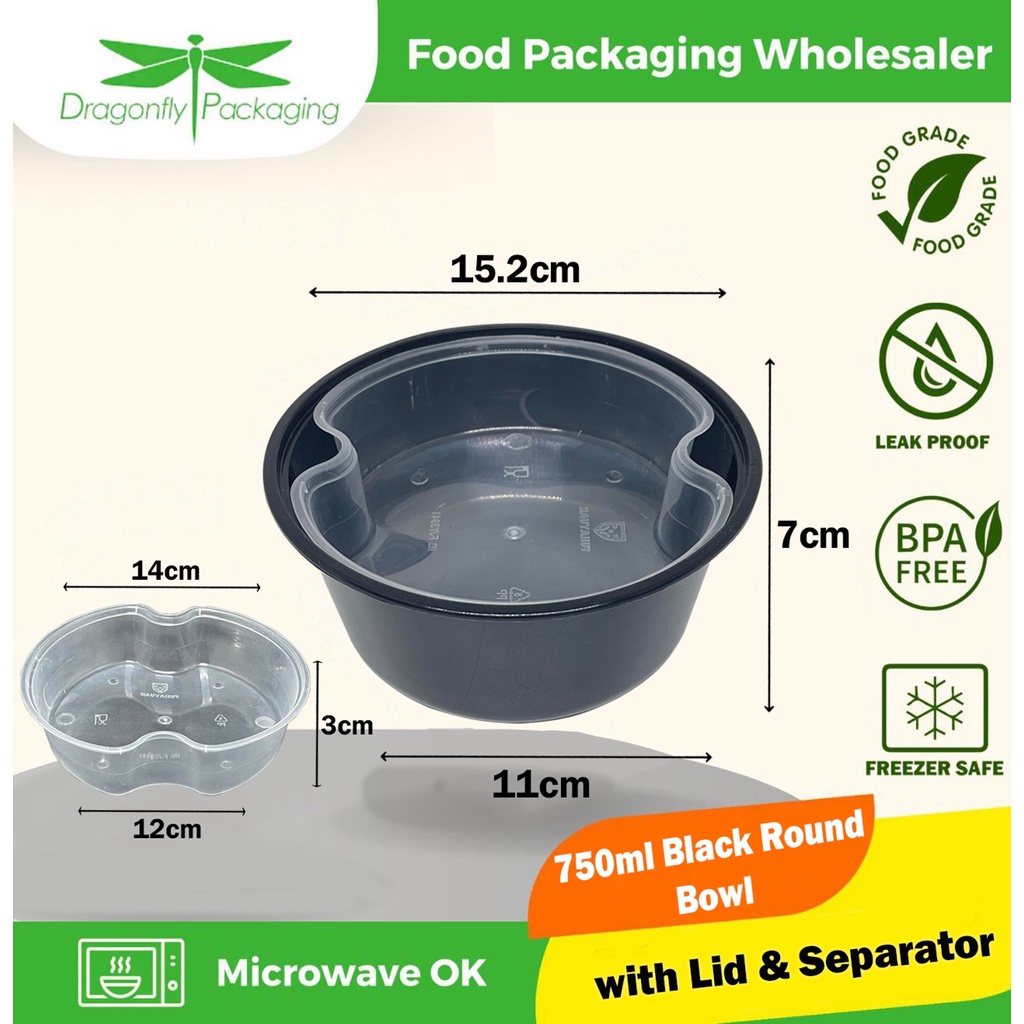 750ml Black Round Microwavable Container with Liner Separator 300pcs ...