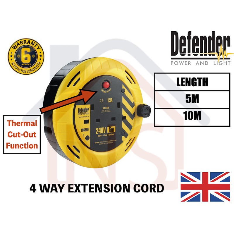 Defender Industrial Cable Extension Cassette Reel- 5M or 10M Length ...