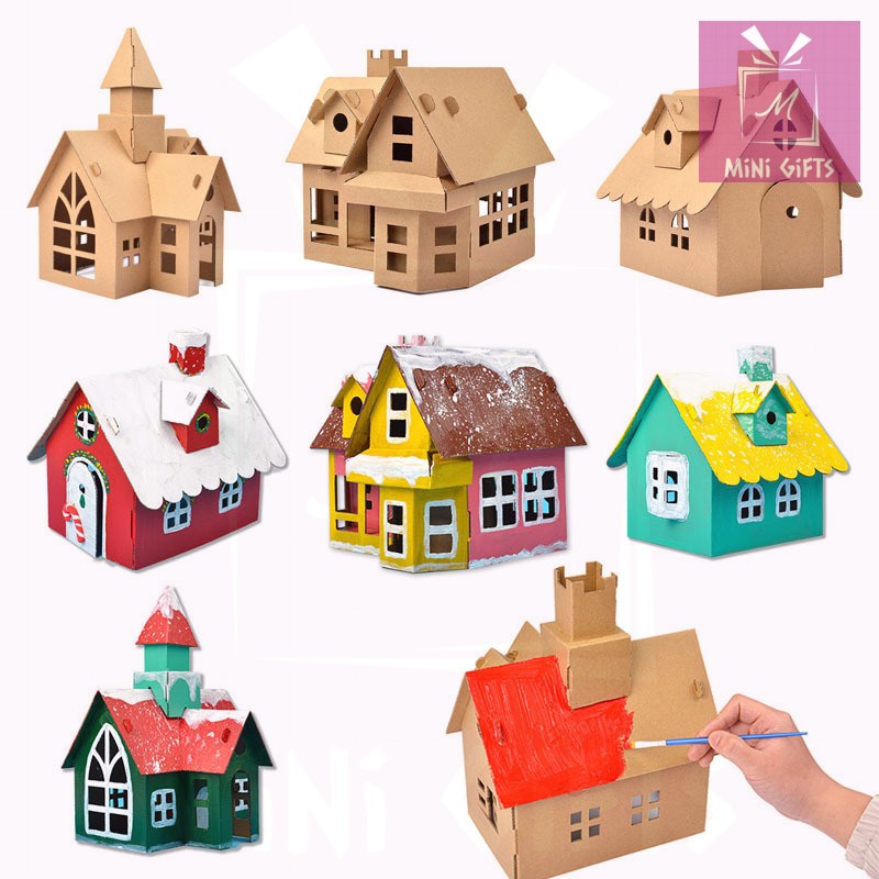 【Mini Gifts】Kids DIY 3D Christmas Cardboard Village House with Pigment ...