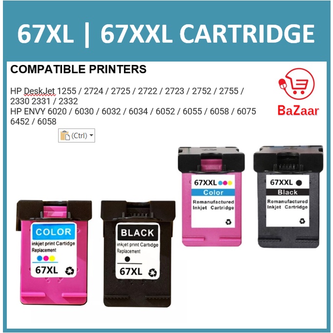[Compatible] HP DeskJet 67XL 67XXL 67 XL Black Color Ink Cartridge Printer for HP 1255 2724 4120 ...