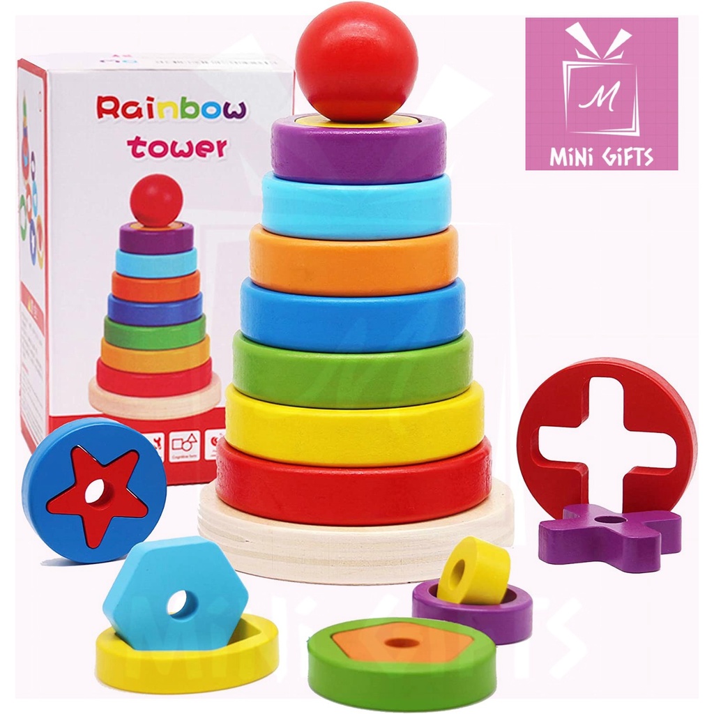 Montessori Wooden Rainbow Tower Sorting Stacking Rings Building Puzzles ...