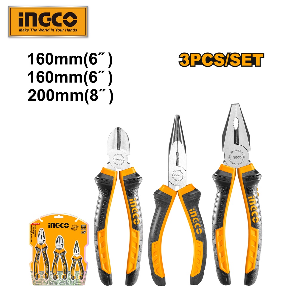 INGCO 3pcs Pliers Set, 8" Combination Pliers and 6" Diagonal Cutting Pliers and 6" Long Nose ...