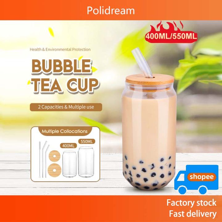 550ml/400ml Glass Cup With Lid and Straw Transparent Bubble Tea Cup ...