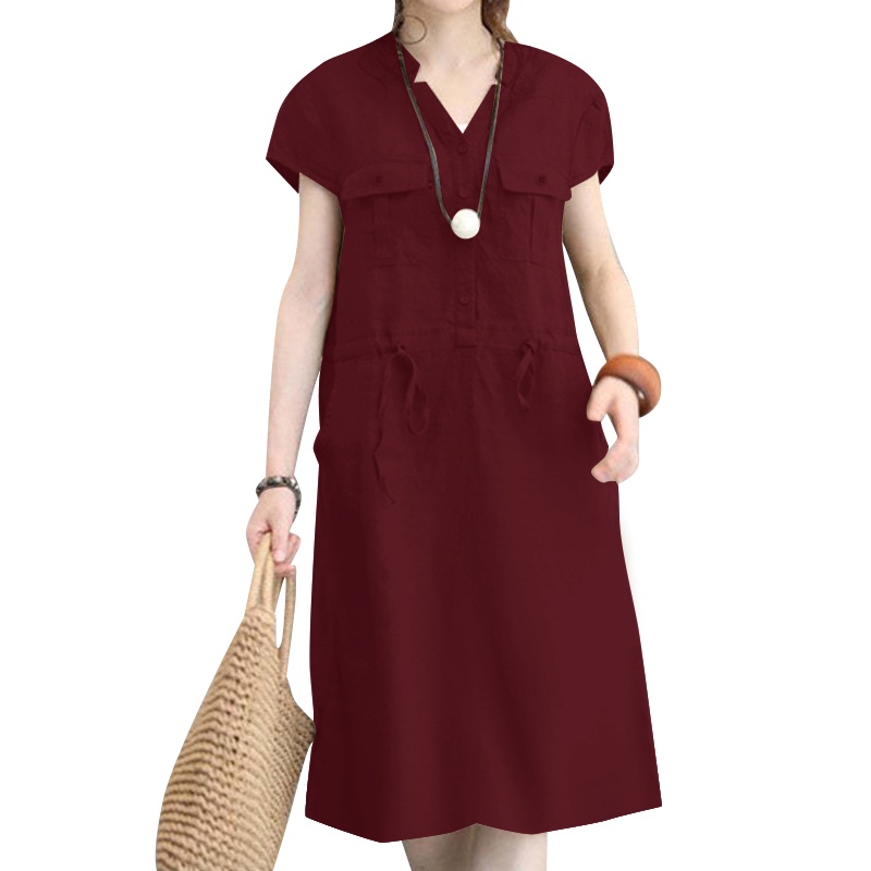 Zanzea Women Casual Loose Solid Short Sleeve V Neck Button Down Front