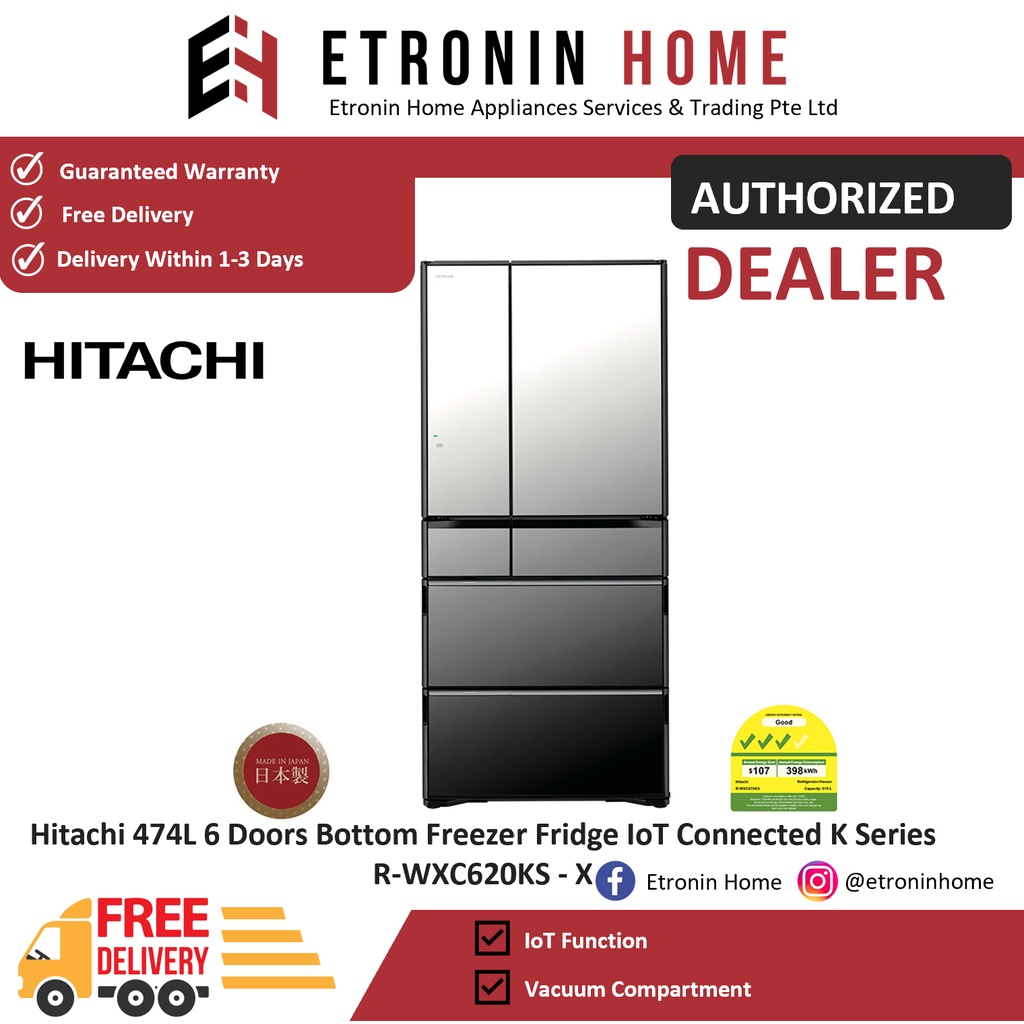 Hitachi 474L 6 Doors Bottom Freezer Fridge IoT Connected K Series R ...