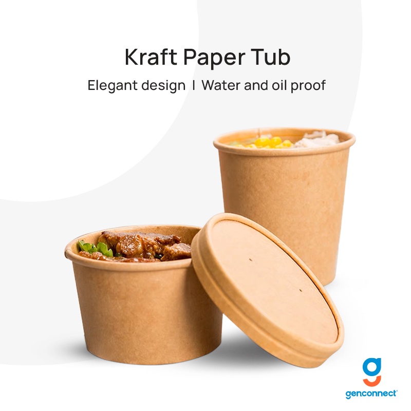 [50pcs] F&B Kraft Paper Tub with Paper and Plastic Lid Takeaway Soup ...
