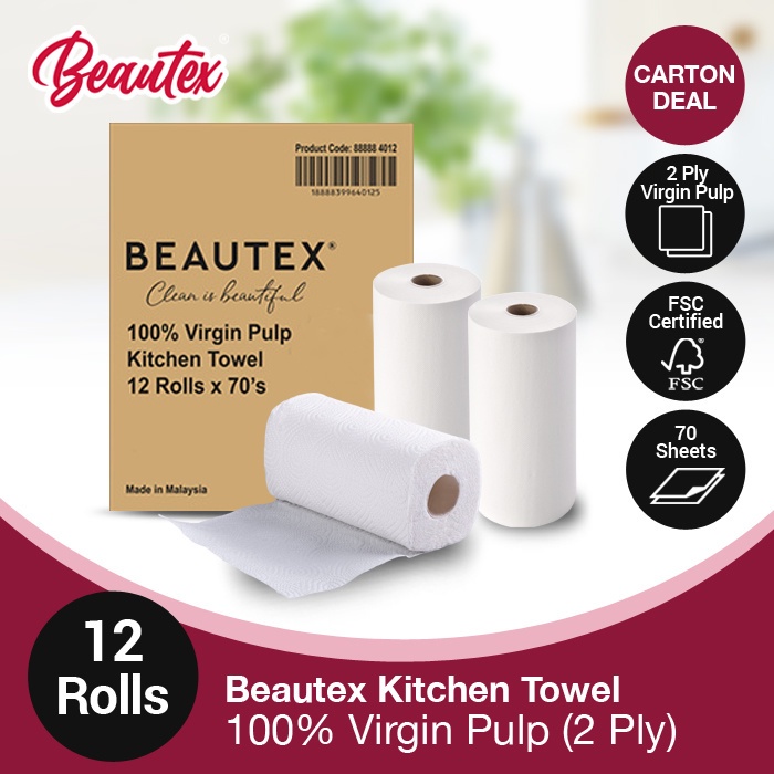 BEAUTEX Kitchen Towel 60 +10 Sheets | 12Roll x 70S 100% Pure Pulp ...
