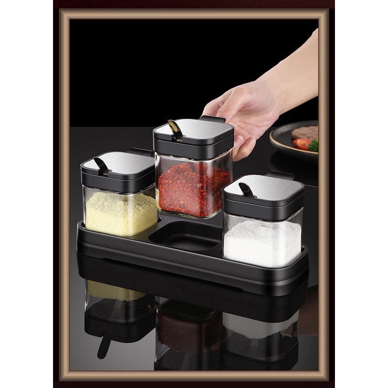 3PCS Kitchen Seasoning Box Combination Jar Glass Salt Shaker Grains ...
