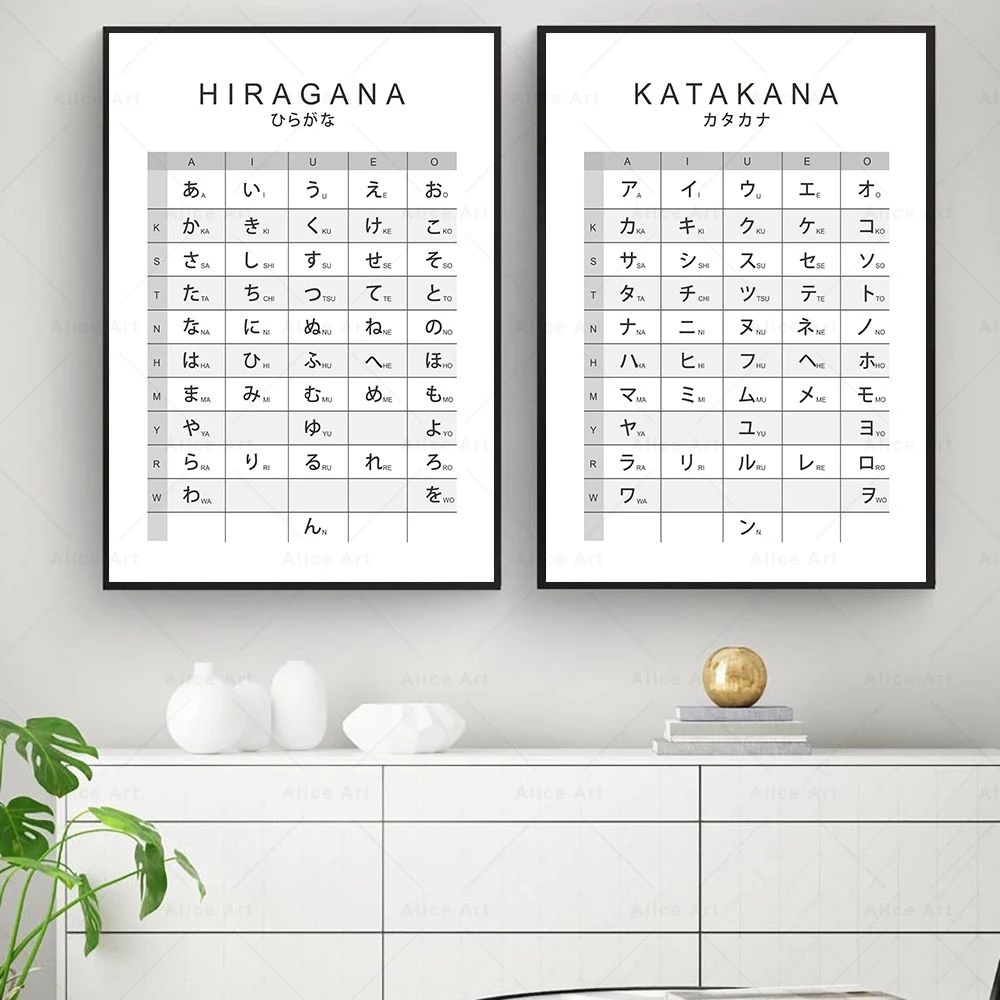 Frameless Japanese Hiragana Katakana Poster Black White Canvas Painting Education Learn Wall Art ...