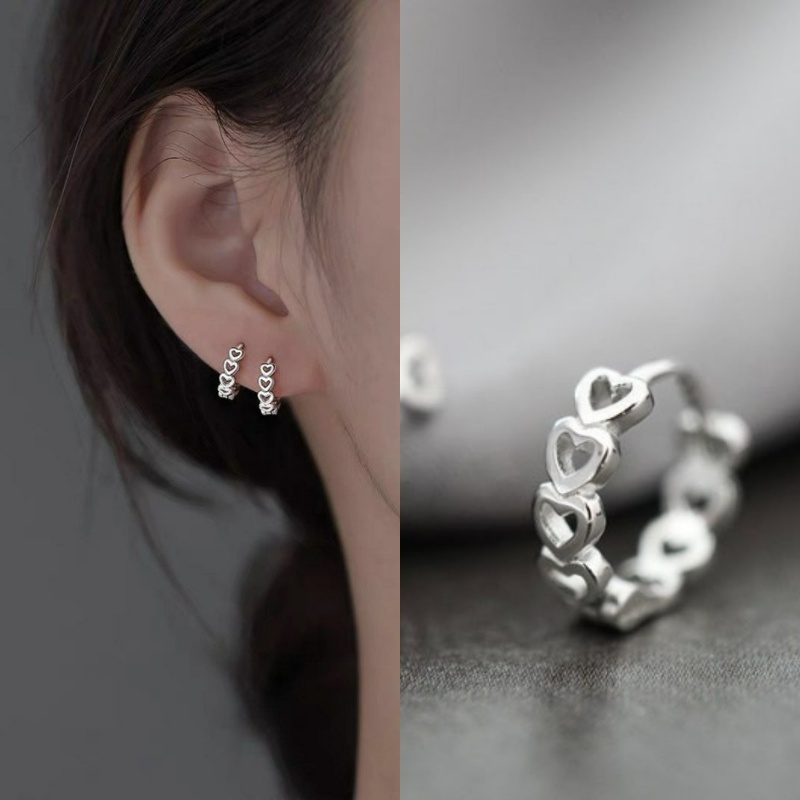 S925 Silver Heart Chain Ear Buckle Earrings Cool Girls Ear Studs Plain Earrings for Women Girls ...