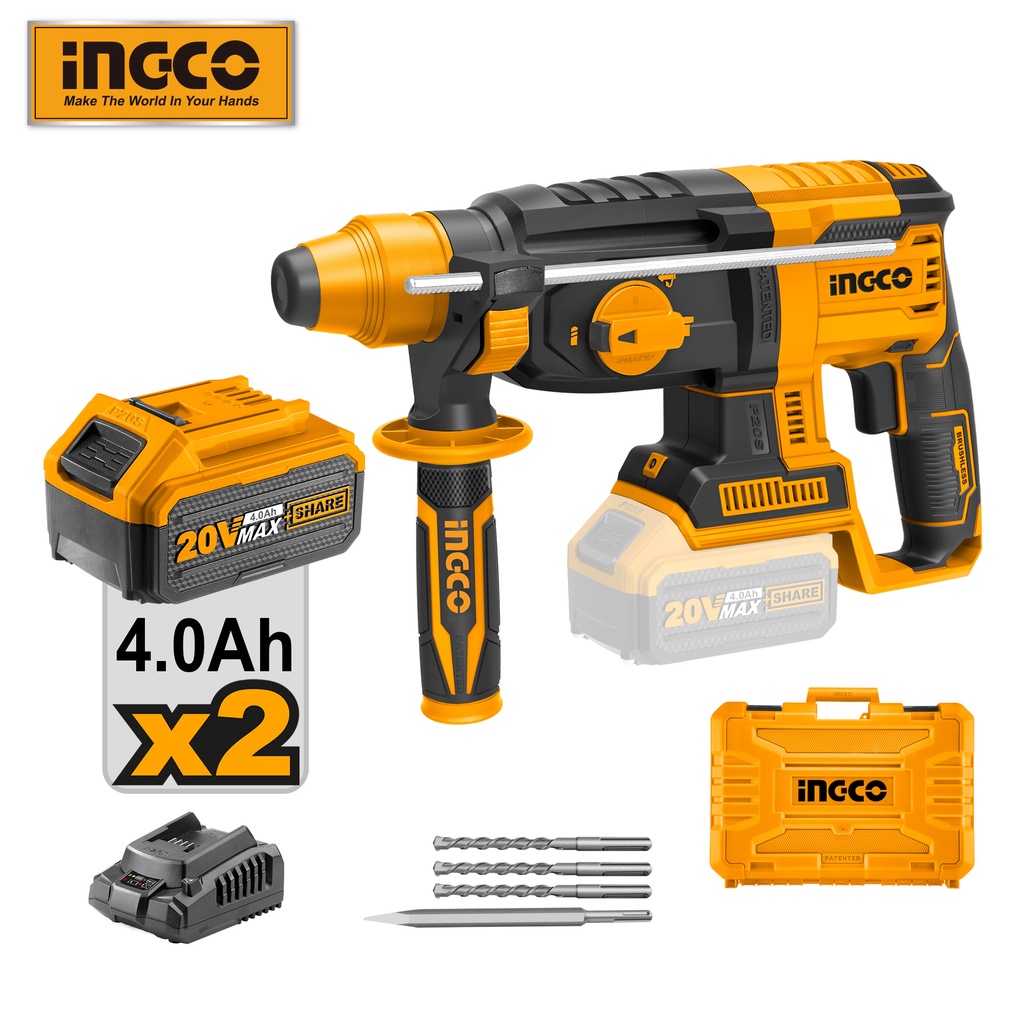 INGCO 20V Brushless Lithium-ion Rotary Hammer Drill CRHLI202287 with ...