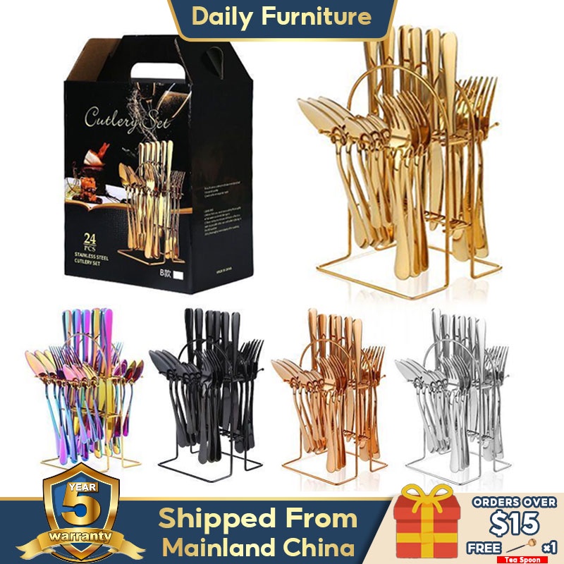 DF 24 PCS Stainless Steel Cutlery Set For 6 Pax With Storage Stand ...