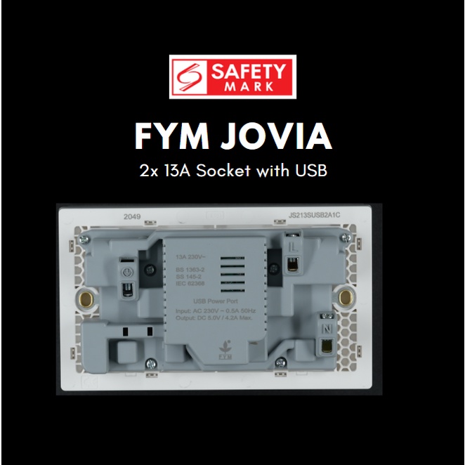 FYM Jovia 2x13A Double Socket with USB Singapore Safety Mark Matt Black ...