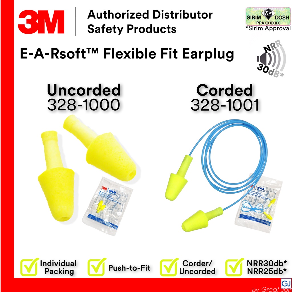 3M E-A-R Flexible Fit Earplug 328-1000 & 328-1001/ NRR 30 dB*/ Washable ...
