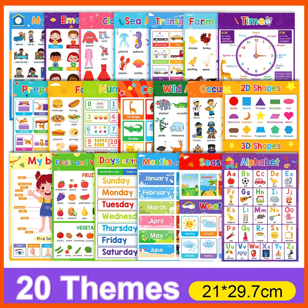 20 Themes Learning English Poster for Children Fruit Alphabet Animal ...