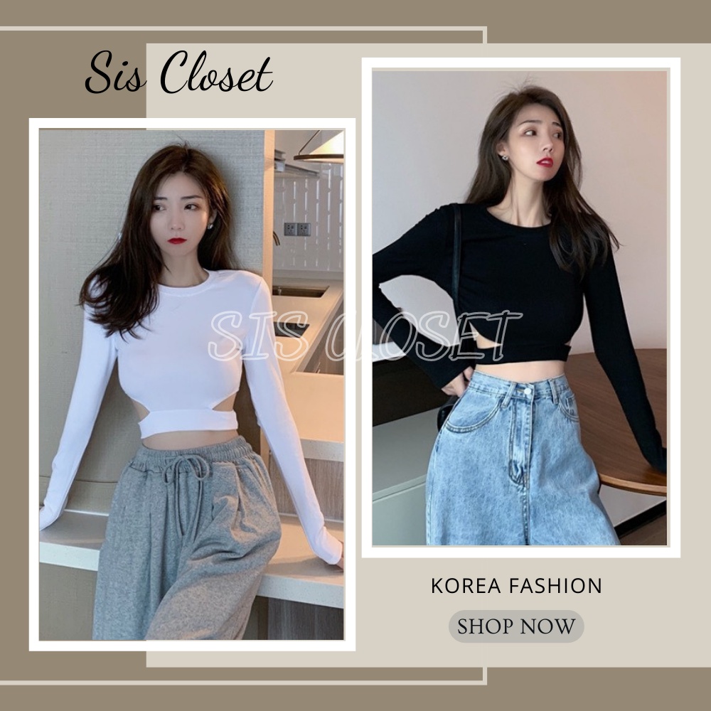 Women's long-sleeved crop top with cut-out waist, round neck, cut out ...