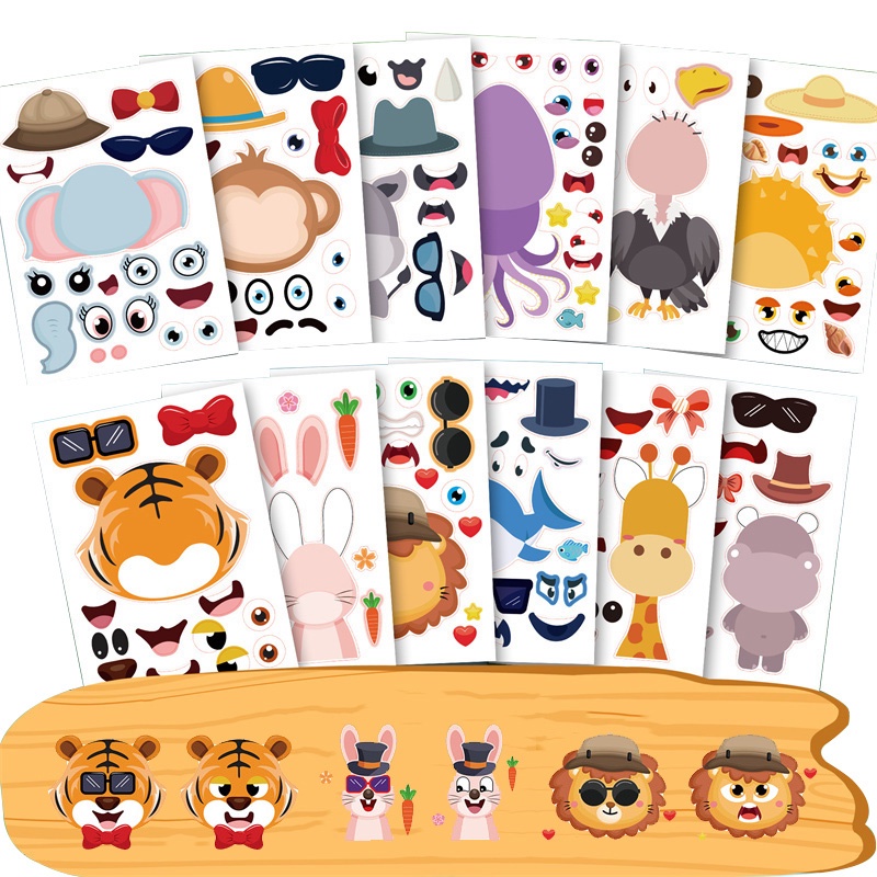 6/12/24Sheets Kids DIY Sticker Cartoon Animals Face Assemble Jigsaw ...