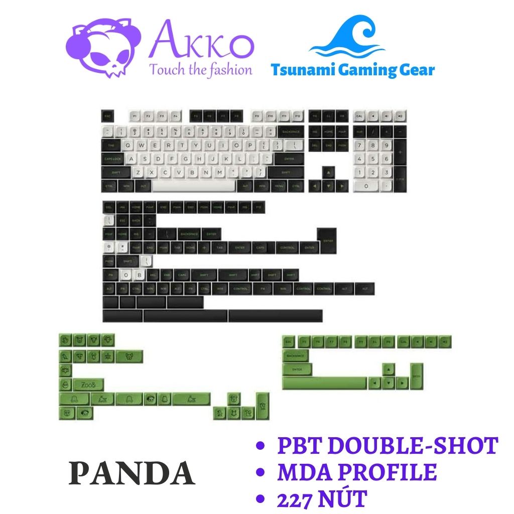 AKKO Panda keycap set (PBT Double-Shot/ MDA profile/ 227 buttons ...