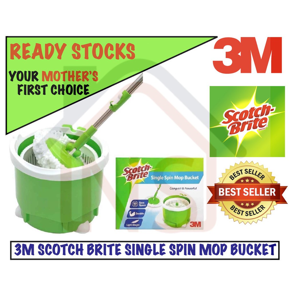 3M Scotch Brite Single Spin Mop Bucket Set/ Full Microfiber Mop ...