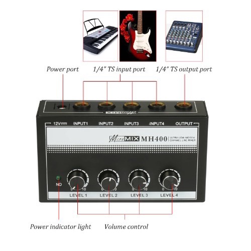 Audio Mixer 1/4 inch 6.3mm Input Output Volume Control Ultra Low Noise ...