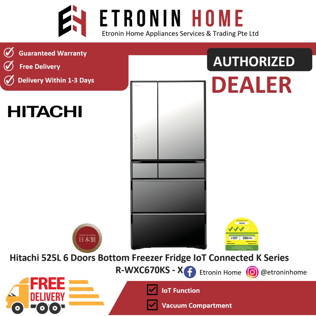 Hitachi 525L 6 Doors Bottom Freezer Fridge IoT Connected K Series R ...