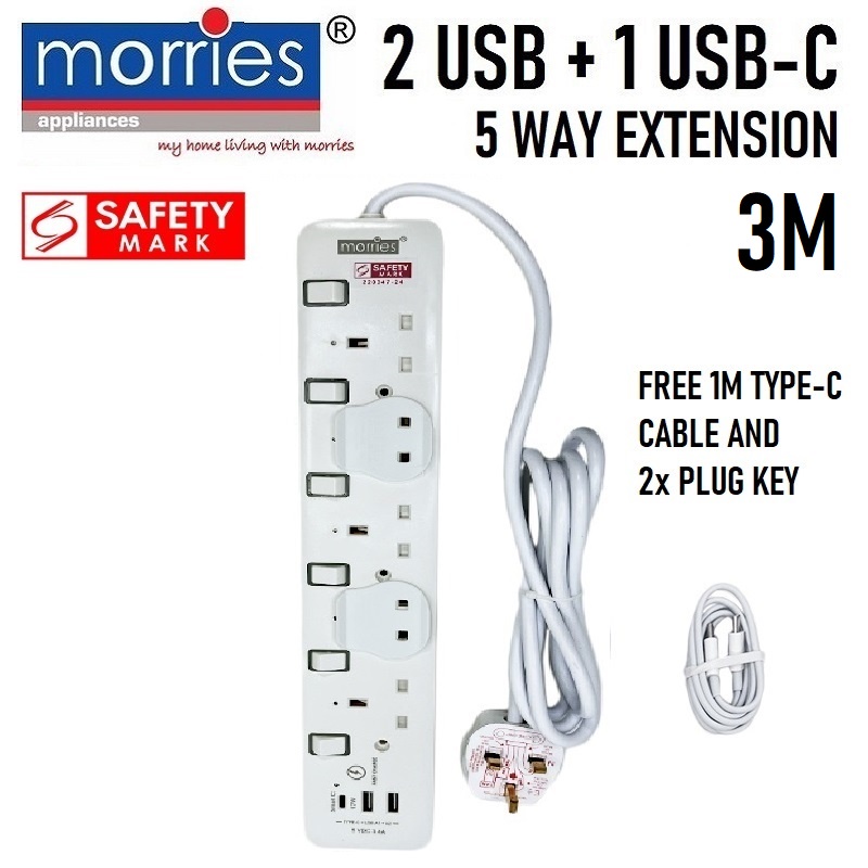 Morries 2 / 3 / 4 / 5 Way Power Extension Cord with 2 USB and 1 Type-C ...