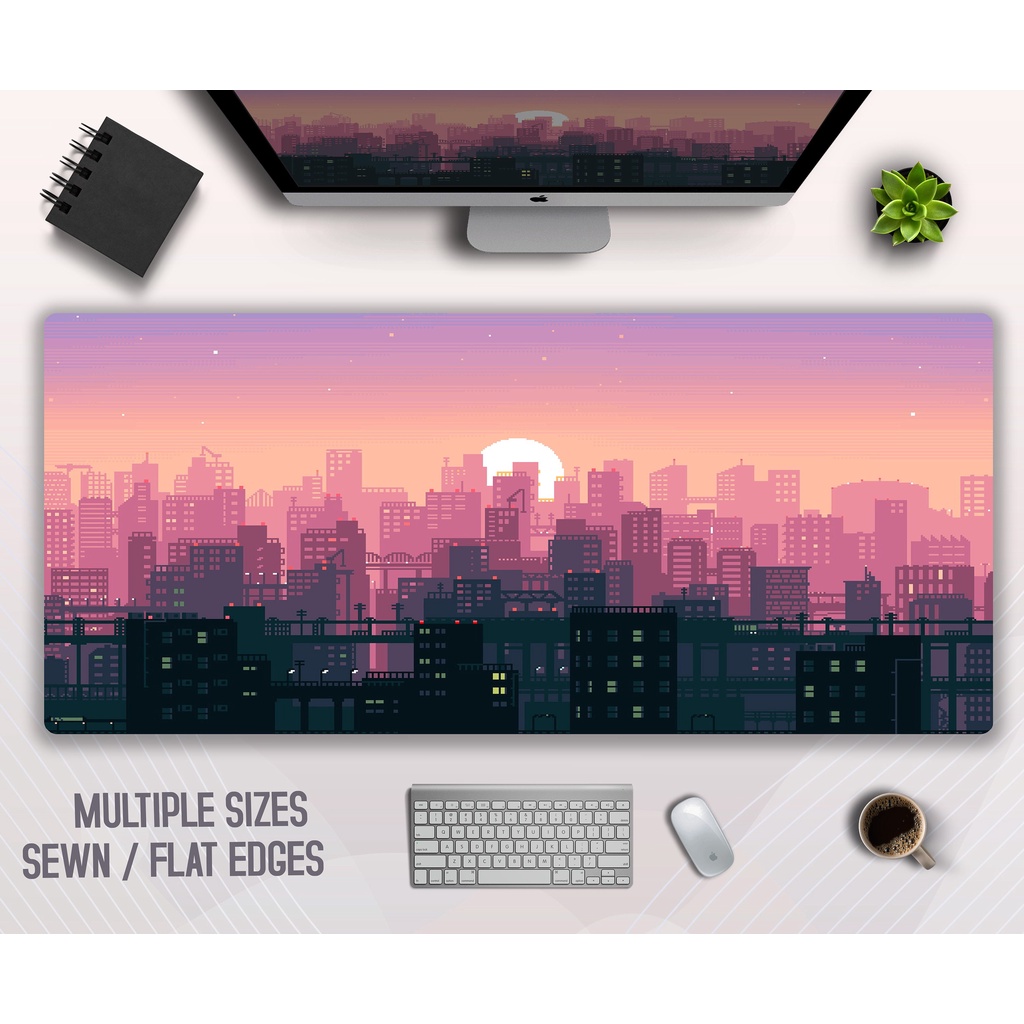 Aesthetic Pink Desk Mat - Pixel Art Gaming Mousepad - City Skyline Desk ...