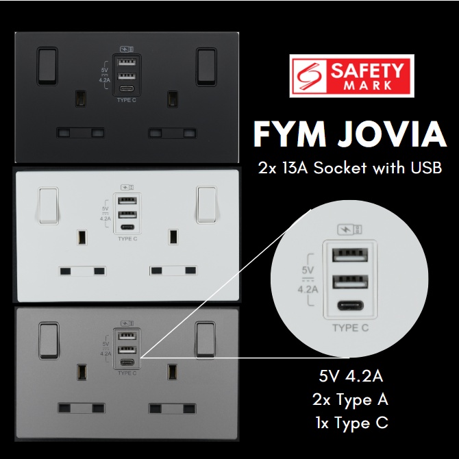 FYM Jovia 2x13A Double Socket with USB Singapore Safety Mark Matt Black ...