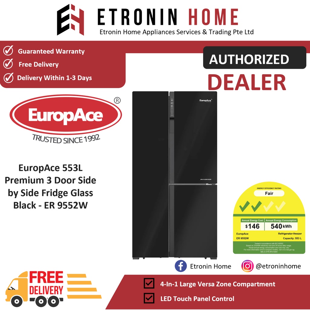 EuropAce 553L Premium 3 Door Side by Side Fridge Glass Black/Gun Metal ...