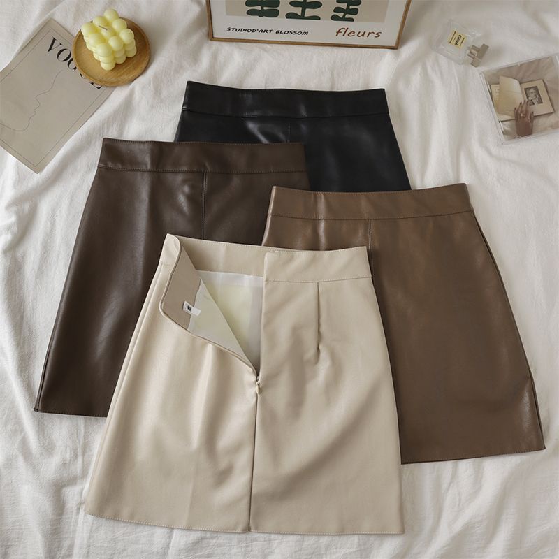 New Mini Skirt High Waist Pu Leather Skirt A Line Hip Wrap Skirt