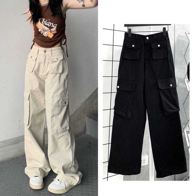 Cargo ROKY khaki pants, long, straight, wide leg, box pockets, plain ...
