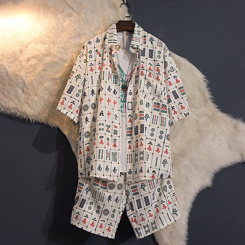 C cny mahjong shirt Men's Pajamas Summer Thin Short-Sleeved Shorts ...