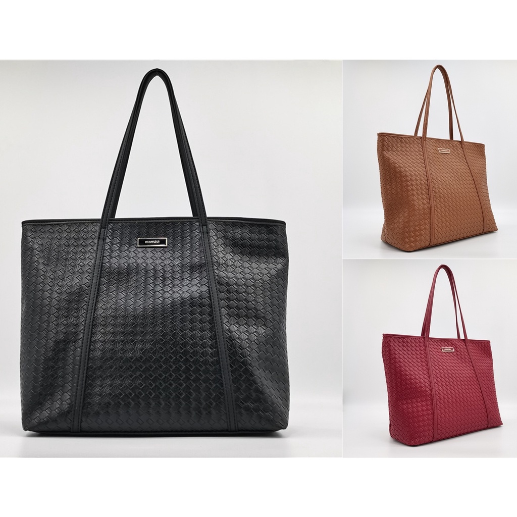 MANGO Weave Texture Looker Shoulder Tote Bag Handbag (Black, Camel, Red ...
