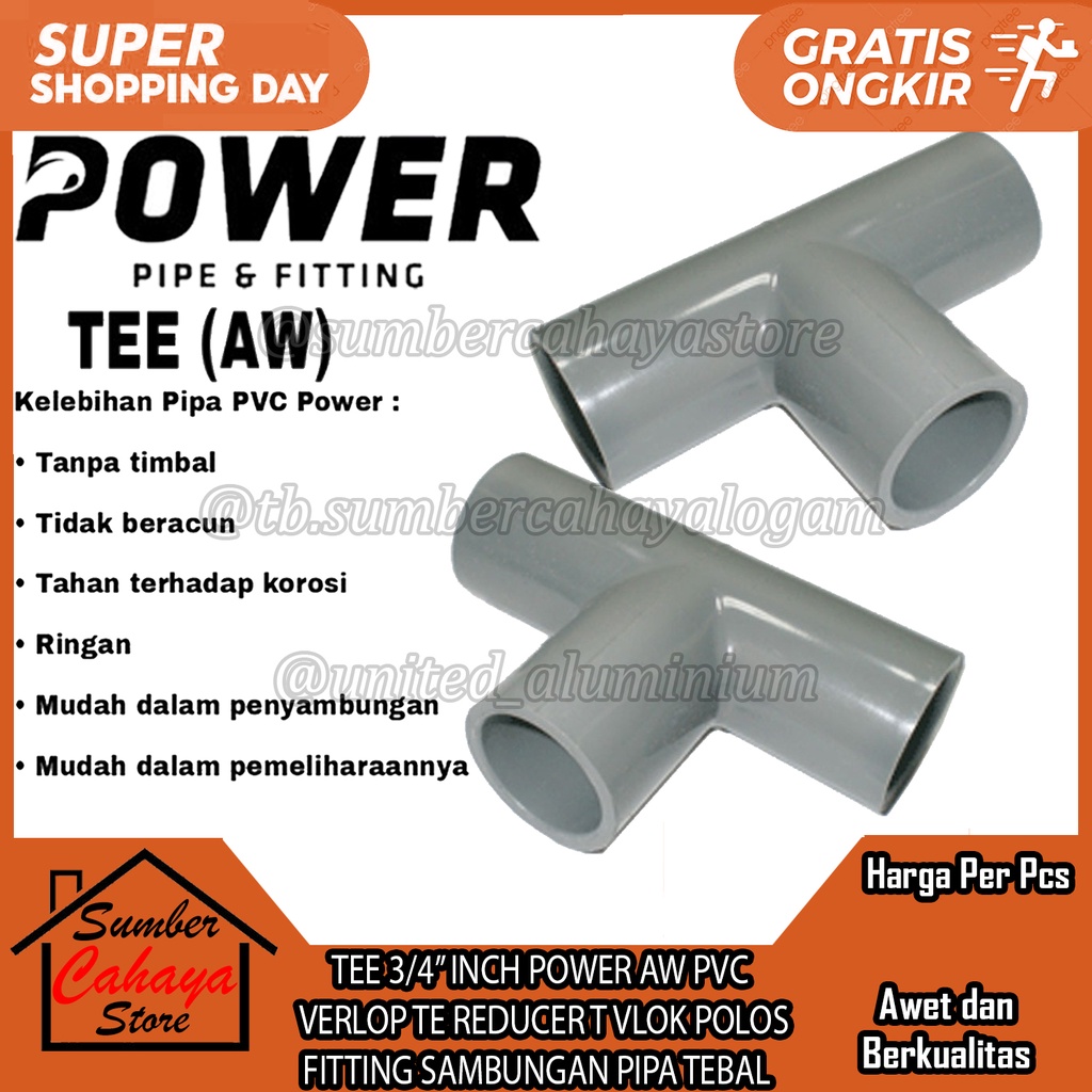 TEE AW 3/4" INCH POWER CONNECTION LETER T PIPE PVC VERLOP TE REDUCER ...