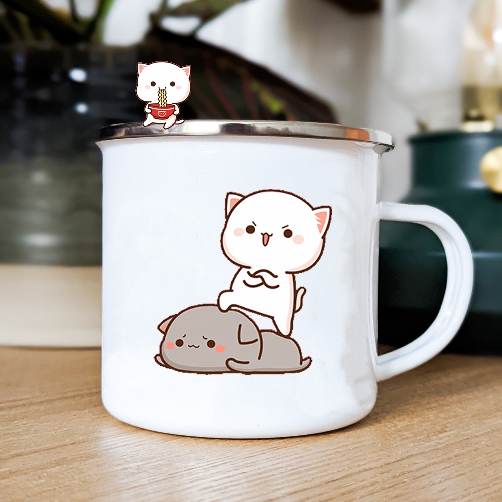 Peach and Goma Cat Enamel Coffee Cup Cute Cat Breakfast Milk Water Cup ...