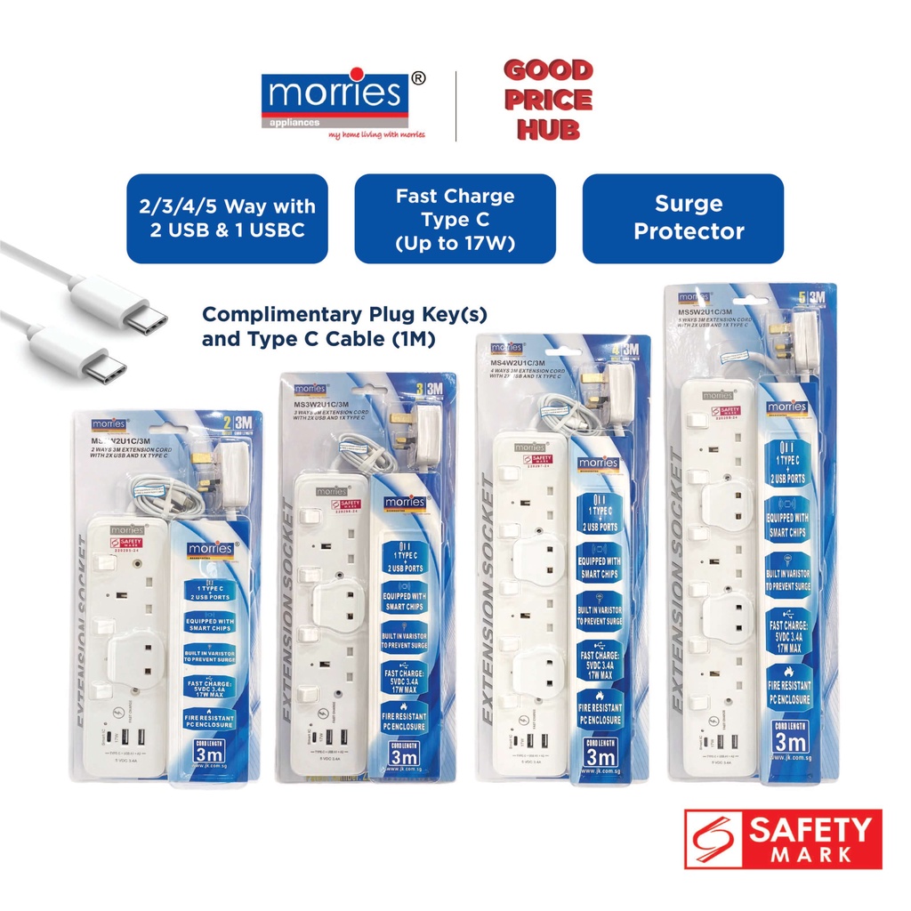 Morries 2/3/4/5 Way 3M Extension Cord (2USB + 1 TYPE C) | Shopee Singapore