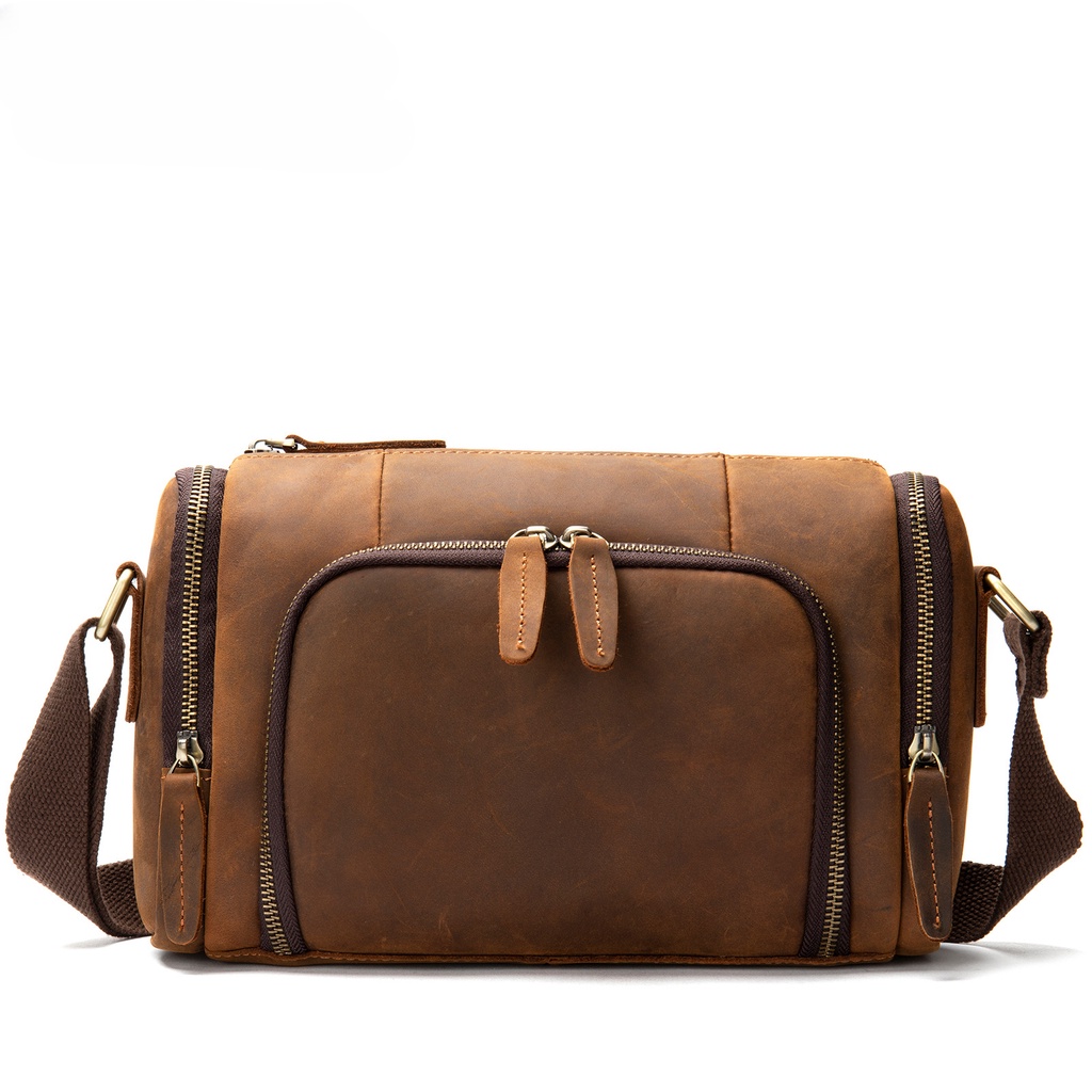 Small horizontal cylindrical bag Crazy Horse leather men's shoulder bag ...