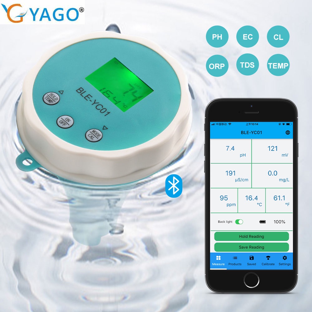 YAGO Smart Bluetooth Chlorine Meter, 6-in-1 PH/TDS/EC/CL/ORP/Temp Meter ...
