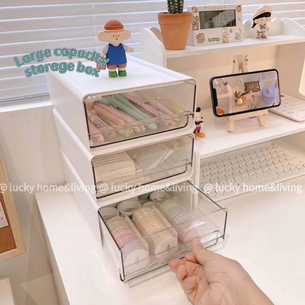 【LUCKY】Desktop Transparent Storage Box Drawer Rack Office File Locker ...