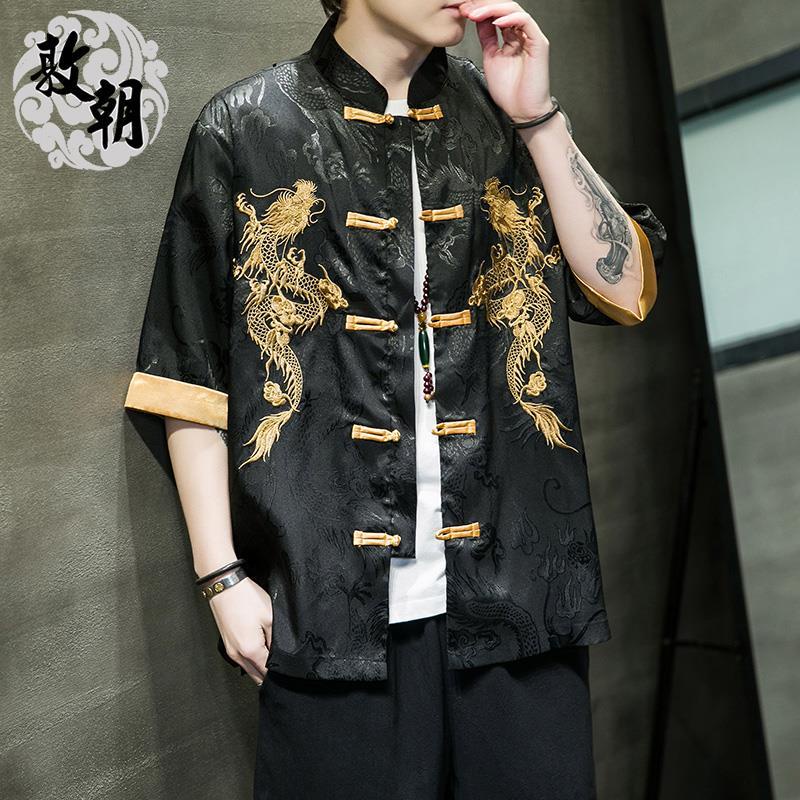 Dragon Robe Tang Suit Men's Thin Ice Silk Short Sleeve Shirt Chinese Style龙袍唐装男薄款冰丝短袖衬衫中国风男装复古唐装 ...