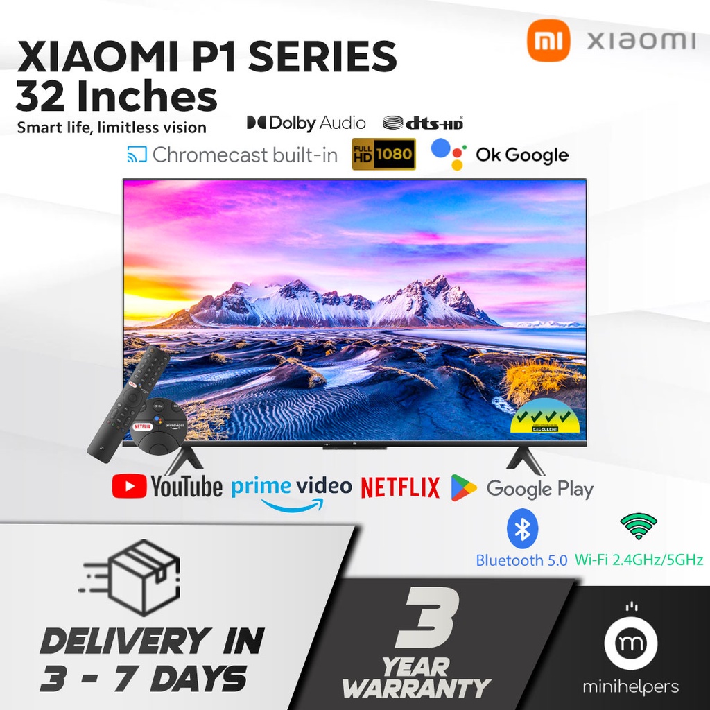 Xiaomi 32" P1 Smart Android TV, Netflix Google Playstore Built In, Digital Ready, HD, 3 Years ...