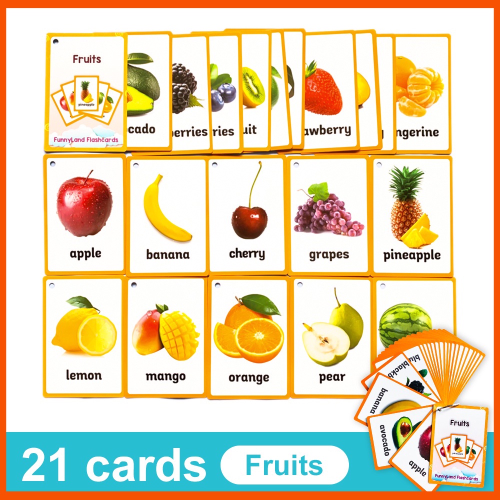 21Pcs/Set Fruits Children Learning Flashcard English Teaching Aids ...