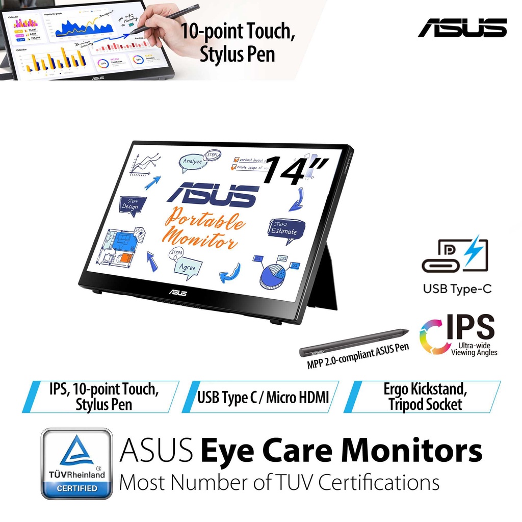 ASUS ZenScreen Ink MB14AHD portable monitor – 14-inch FHD, IPS, 10 ...