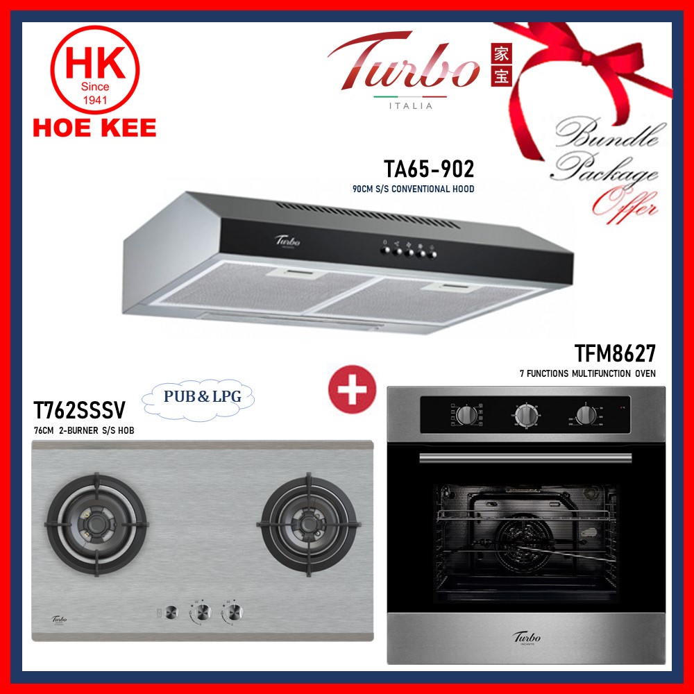 (Bundle) Turbo T762SSV 76cm 2 Burners Built-In Hob + TA65-902SS SLIM HOOD + TFM8627T OVEN ...
