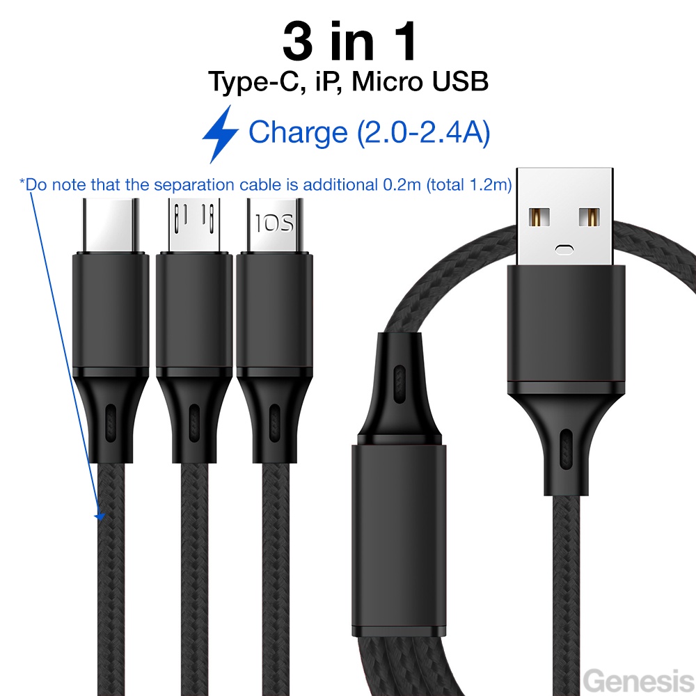 Genesis Type C Fast Charging Cable USB 100W Charge 5A/ 3A iP PD Micro 3 in 1 Phone Charger Wire ...