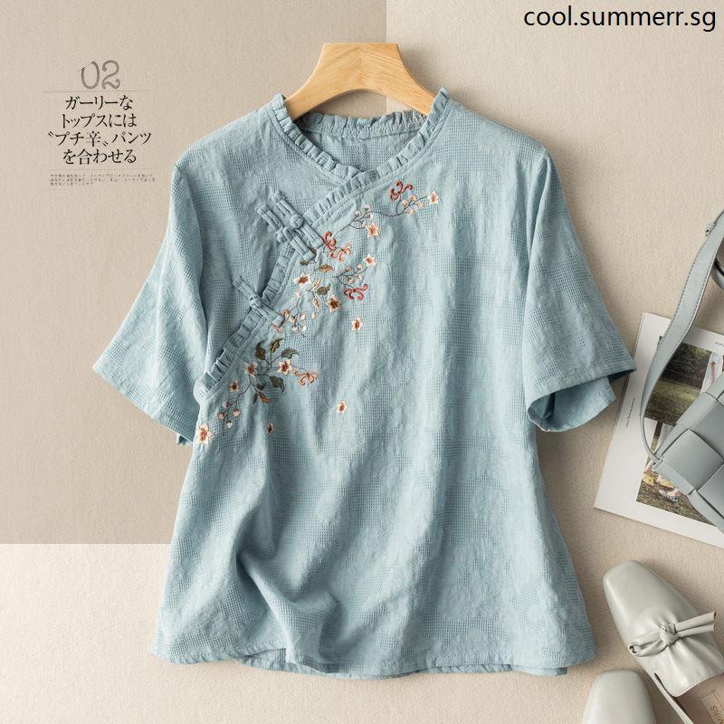 NEW cheongsam top Short sleeve cotton and linen shirt women's sloping ...
