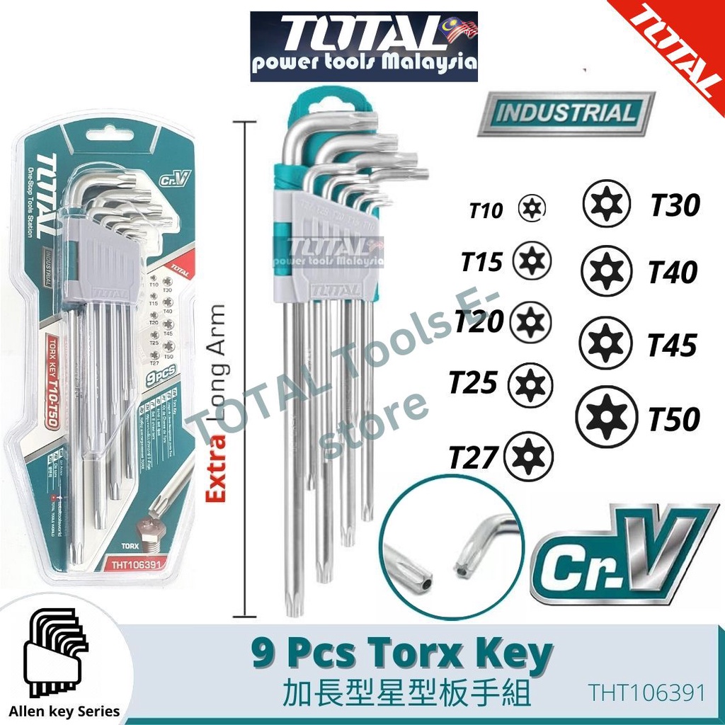 TOTAL 9Pcs Torx Allen Key T10 ~ T50 ( Extra Long 9'' ) 加長型星型板手組 ...