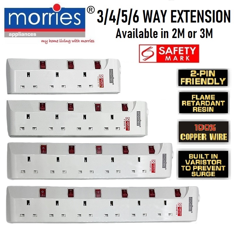 Morries 3 / 4 / 5 / 6 Way Power Extension Cord 2M / 3M with Surge ...