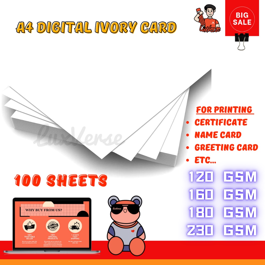 A4 DIGITAL IVORY WHITE CARD 【 120gsm / 160gsm / 180gsm/ 230gsm 】(100 ...