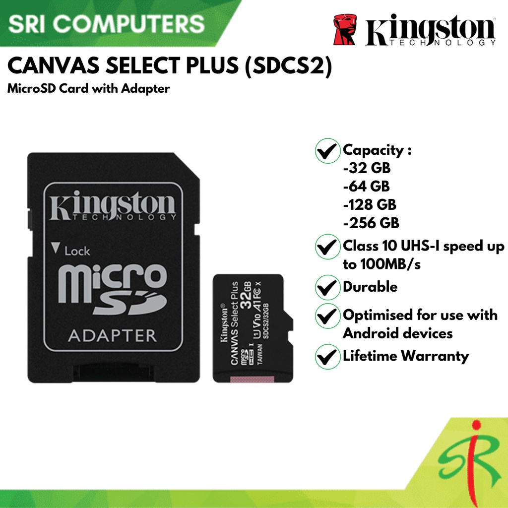 Kingston Canvas Select Plus Class 10 Micro SD Memory Card With Adapter (32GB/64GB/128GB/256GB ...